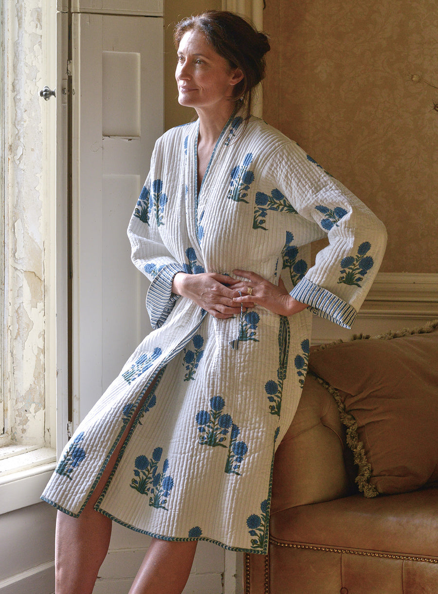 Cotton Quilted Reversible Housecoat | Bleu | Tania Llewellyn Designs